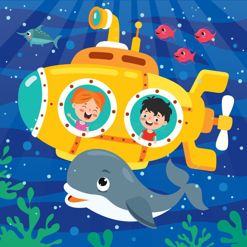 Cartoon Submarine Under the Sea Stock Vector - Illustration of sailors ...
