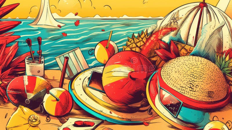 Cartoon Summer Beach Scene with a Lot of Objects Stock Illustration ...