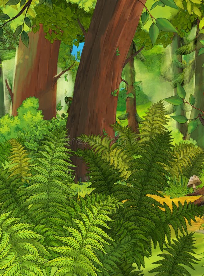 Cartoon Summer Scene with Deep Forest - Nobody on Scene - Illustration ...