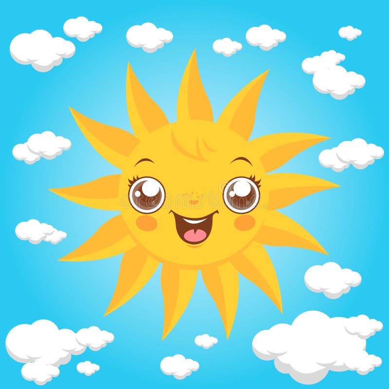 Cartoon Sun and Clouds in the Sky. Cute Sun Character in Blue Sunny Day ...