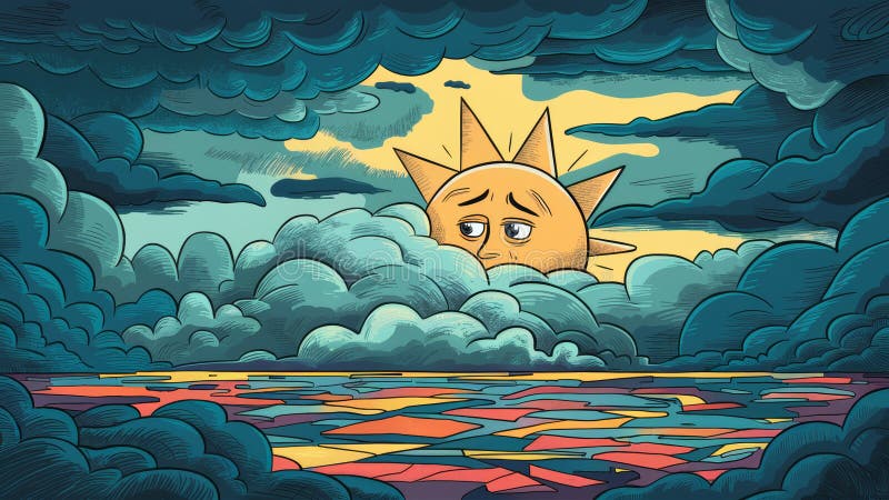 A Cartoon Sun with a Sad Face Looking Out Over the Ocean, AI Stock ...