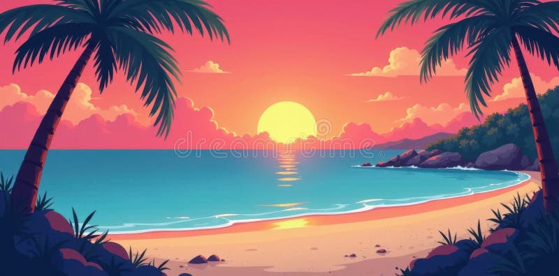 Cartoon Sunset Beach Scene, Flat Design Split Complementary Colors ...
