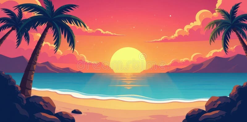 Cartoon Sunset Beach Scene, Flat Design Split Complementary Colors ...