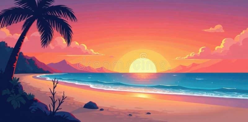 Cartoon Sunset Beach Scene, Flat Design Split Complementary Colors ...