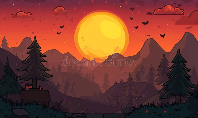 Cartoon Sunset Over Mountains with Bats, Trees, and Cabin Stock ...