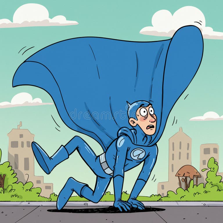 A Cartoon Superhero in a Blue Costume, Complete with a Large Flowing ...