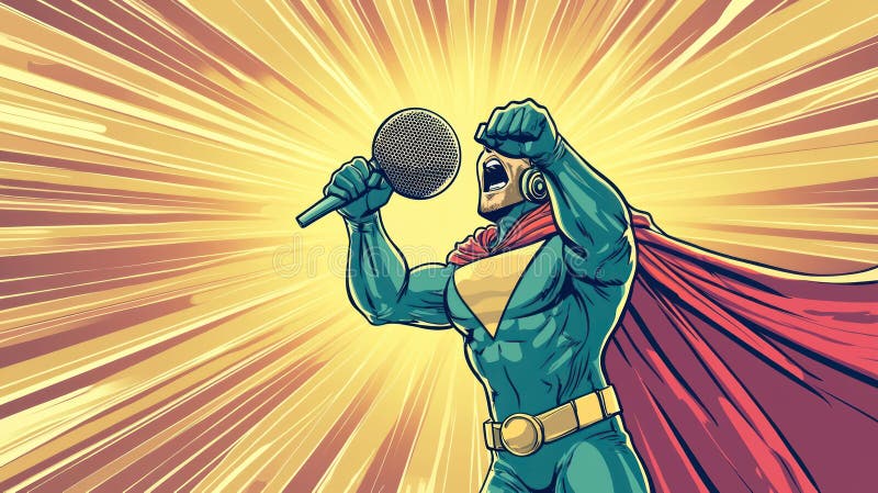 Cartoon Superhero with Microphone, Symbolizing Creativity and ...