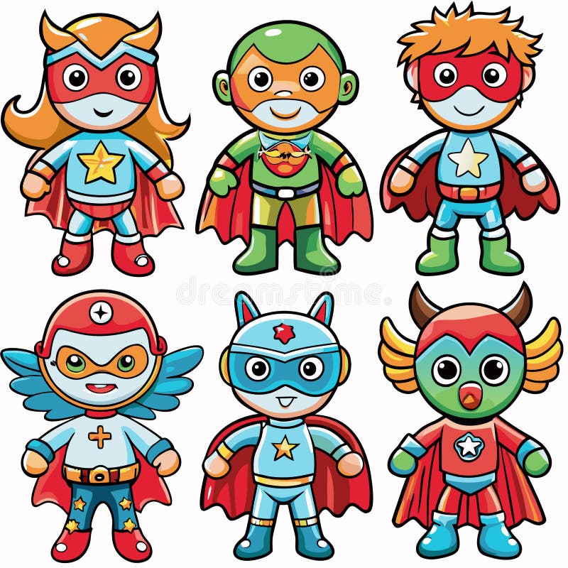 Cartoon Superheroes. Set of Six Cute Superheroes with Different Costumes and Expressions Stock ...