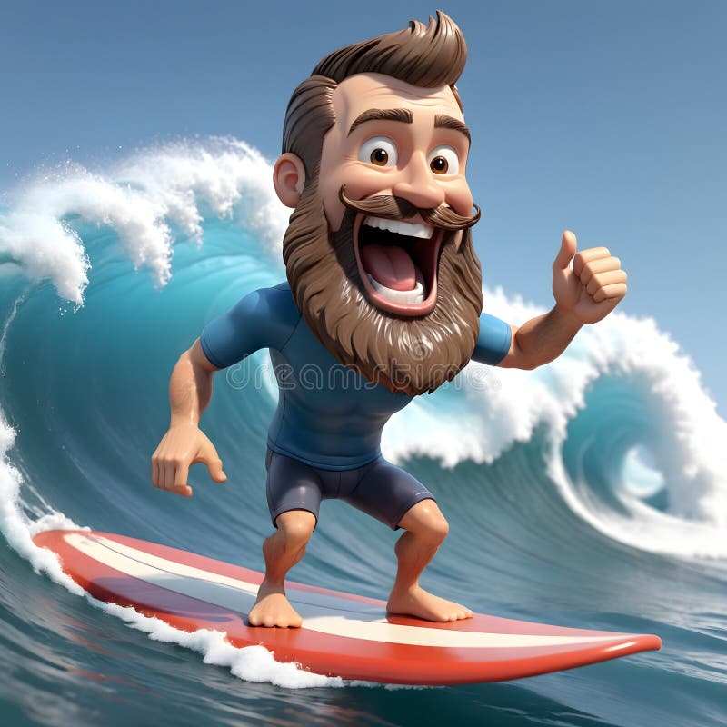 Beard Man 3D Cartoon Surfer Riding a Wave Stock Illustration ...