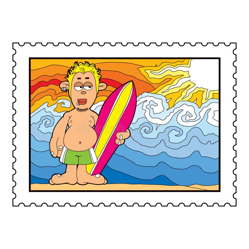 Cartoon surfer stamp stock vector. Illustration of design - 260759103