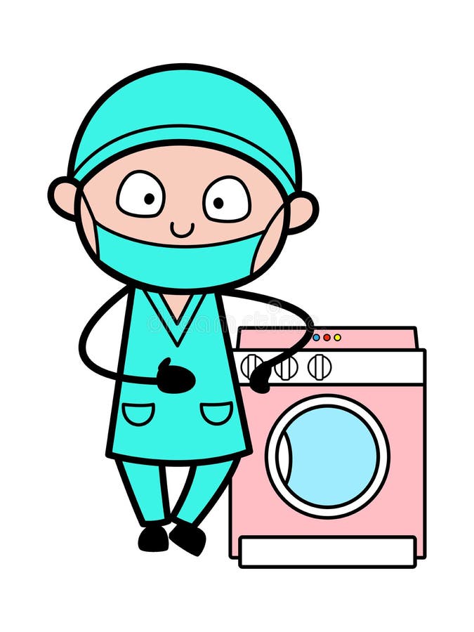 Cartoon Surgeon Standing with Washing Machine Stock Illustration ...