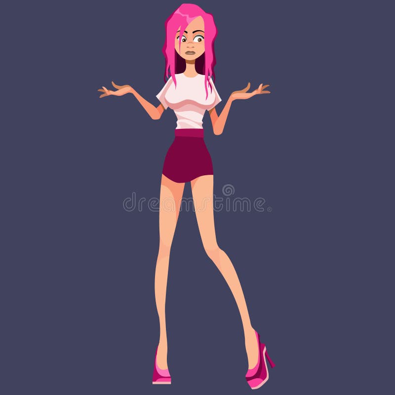 Cartoon Surprised Girl With Pink Hair And Long Legs Stock Vector