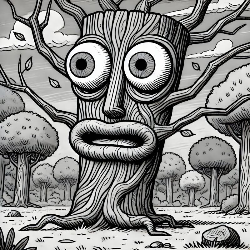 A Surprised Tree with a Human-like Face, Wide Eyes, and Exaggerated ...