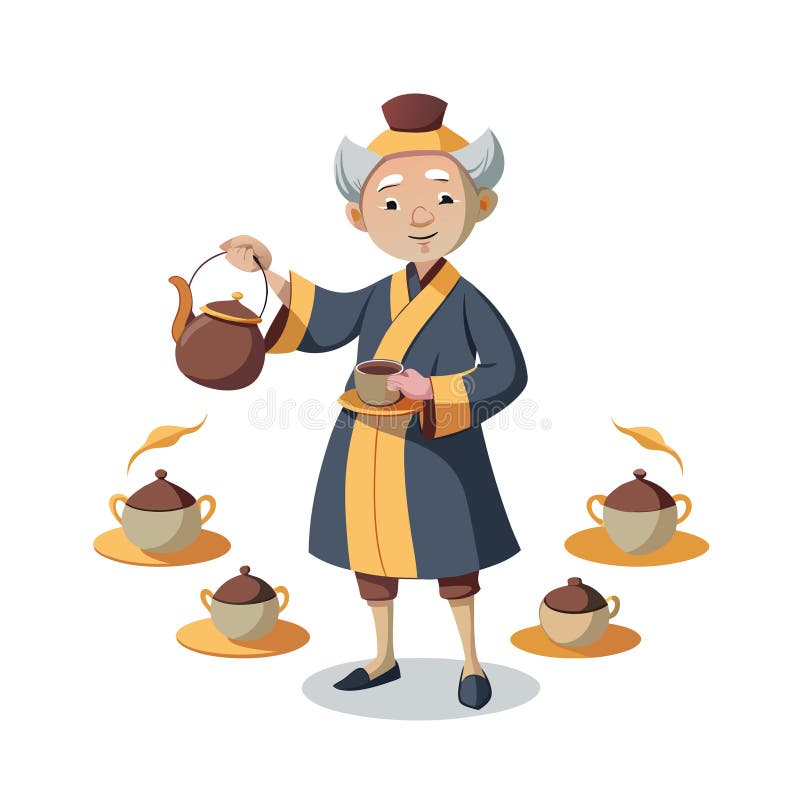 Cartoon Tea Master Serving Tea with Teapot and Cups Illustration Stock ...