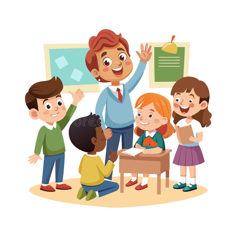 Cartoon Teacher with Diverse Students in Classroom Learning, Studying ...