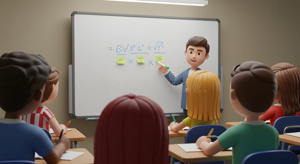 Cartoon Teacher Explains Math Equation To Students in Classroom Stock ...