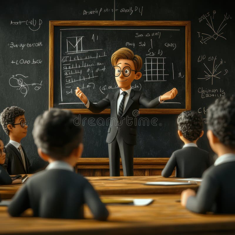 Cartoon Teacher Explains Math on Blackboard Stock Illustration ...