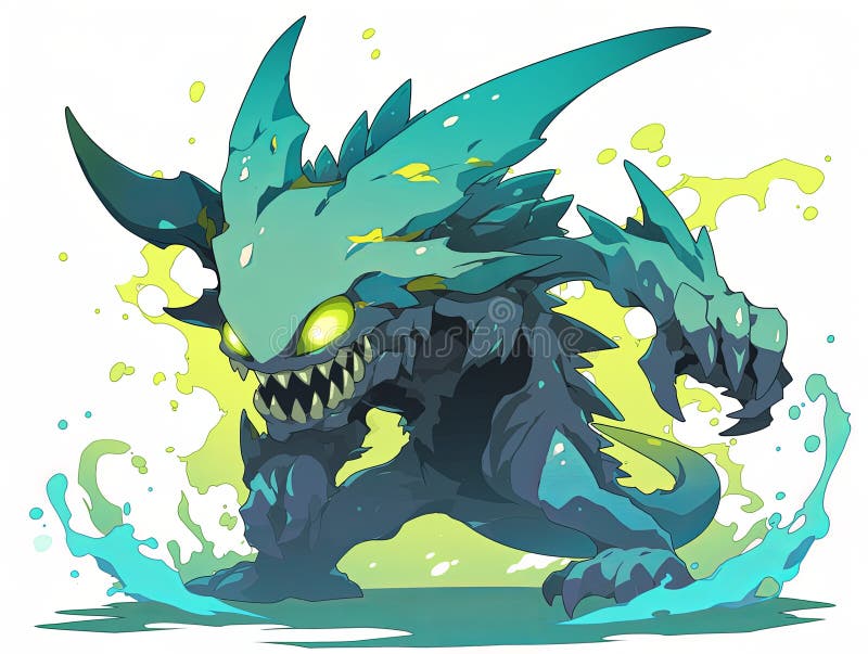 Cartoon Teal Monster with Sharp Claws and Horns, Emerging from Water ...