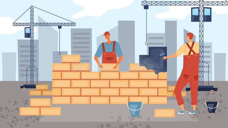 Cartoon Team of Builders is Doing Construction. Character Design, the ...