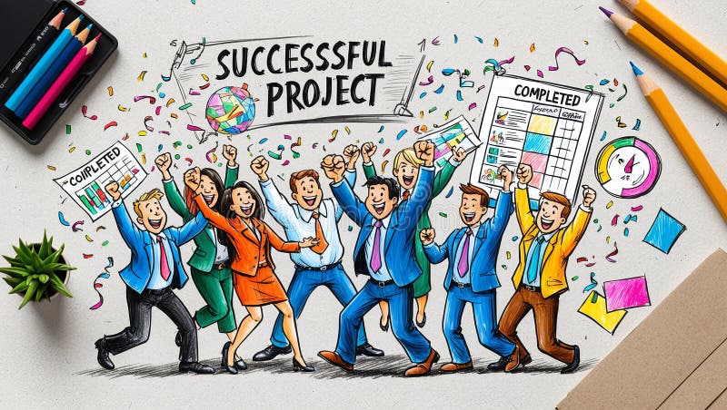 Cartoon Team Celebrating a Successful Project Completion Stock ...