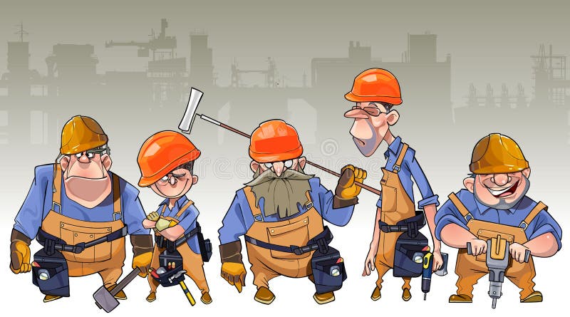 Cartoon Team of Men in Helmets and Clothing Workers-builders Stock ...