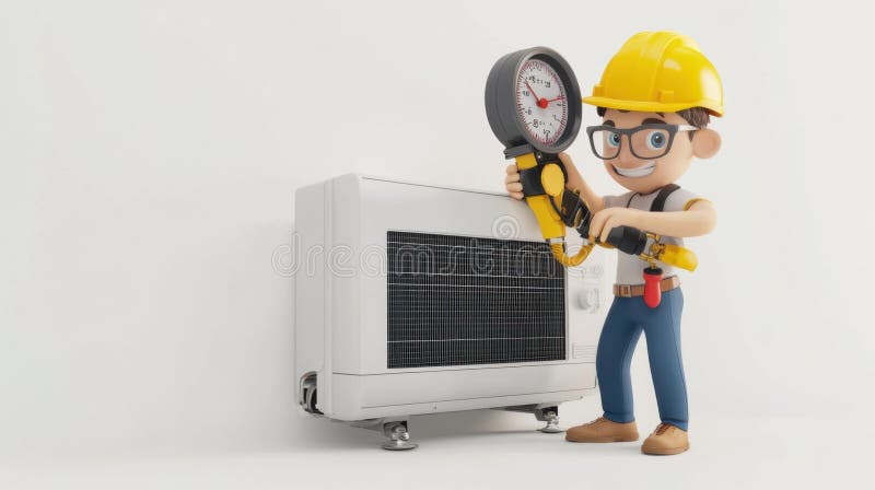 Cartoon Technician Performing Maintenance on Air Conditioning Unit ...