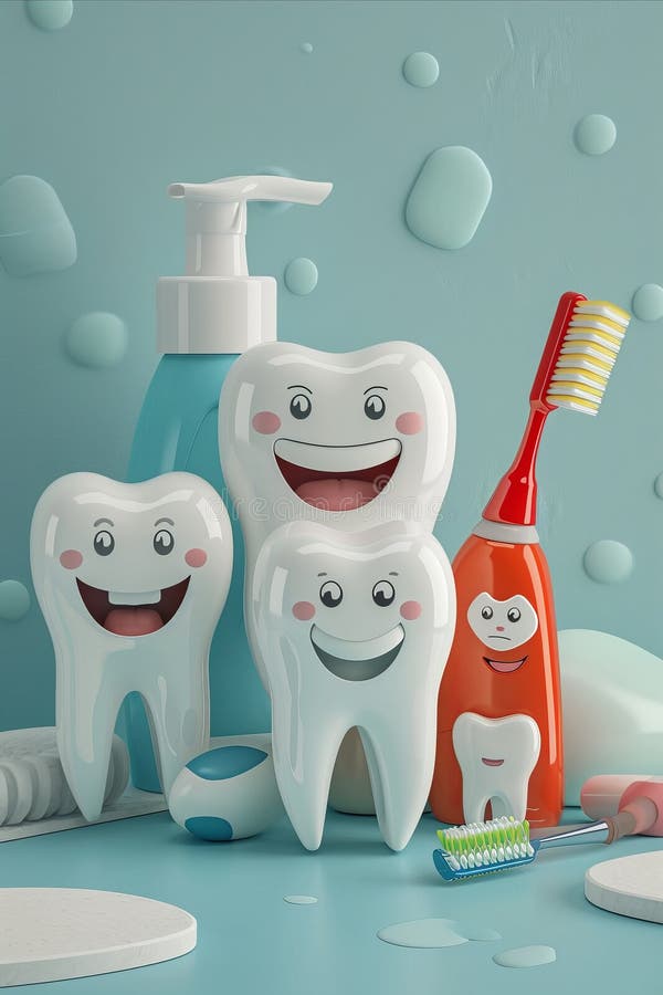 Cartoon Teeth Family, Smiling, Bathroom Setting, Hygiene Theme Stock ...
