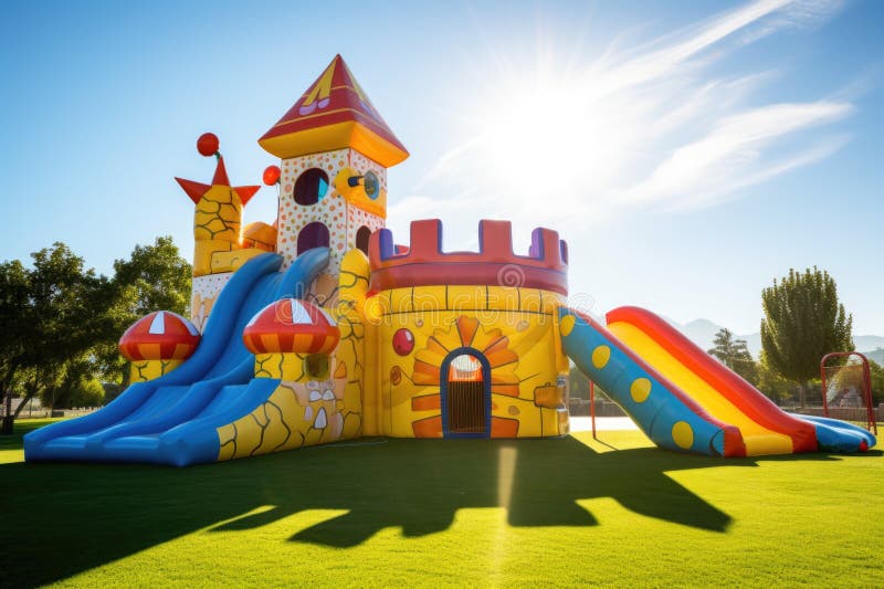 A Cartoon-themed Inflatable Castle in Sunlit Park Stock Illustration ...