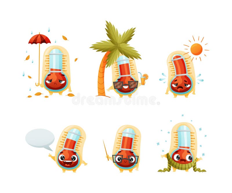 Cartoon Thermometer Character Engaged in Different Activity Vector Set ...