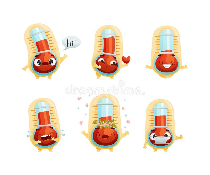 Cartoon Thermometer Character Engaged in Different Activity Vector Set ...