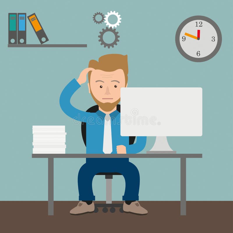 Cartoon Thinking Businessman Gears Office Stock Vector - Illustration ...