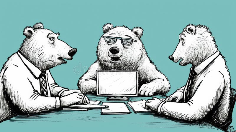 A Cartoon of Three Bears Sitting at a Table with Laptops, AI Stock Image - Image of animal ...