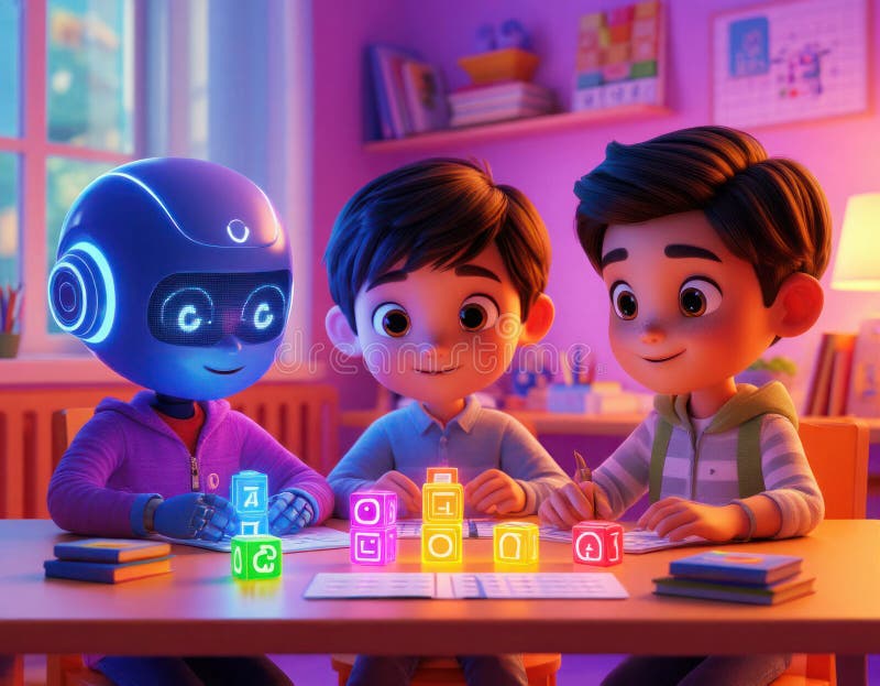 A Cartoon of Three Children Playing with Blocks and a Robot Stock ...
