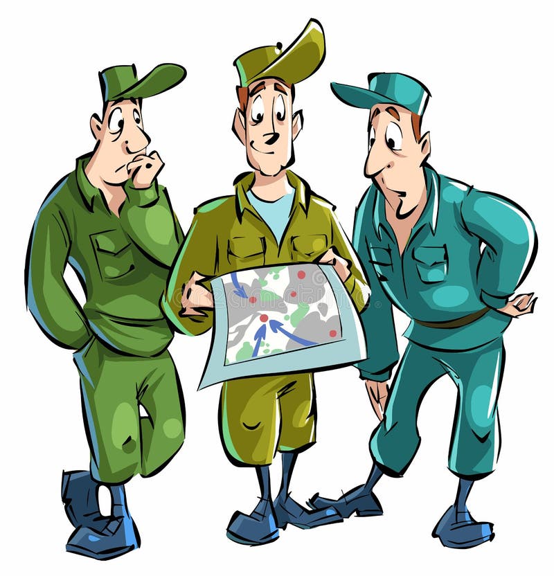 Cartoon Three Funny Soldiers Stand and Look at the Map Stock Vector ...
