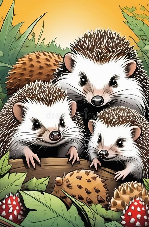 A Cartoon of Three Hedgehogs with a Sunset Backdrop Stock Image - Image of wildlife, forest ...