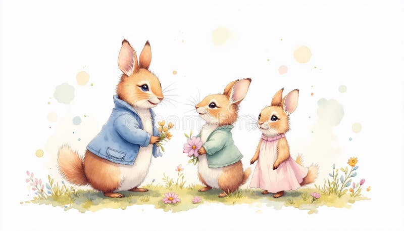 A Cartoon of Three Rabbits, One of Which is Holding a Flower Stock ...