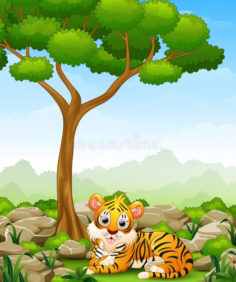 Cartoon Tiger Lay Down in the Jungle Stock Vector - Illustration of ...