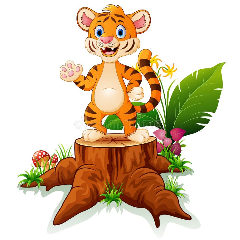 Cartoon Tiger Sitting on Tree Stump Stock Vector - Illustration of tree ...