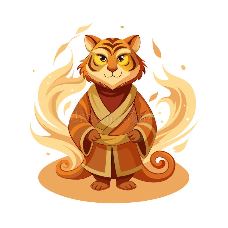 Tiger Cartoon Character Wearing a Robe Surrounded by Flames - Vector ...