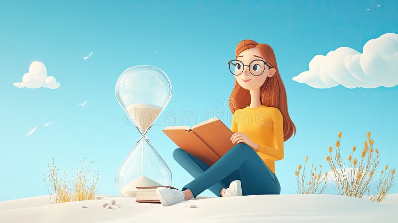 Cartoon Time Management Concept with Hourglass Stock Illustration ...