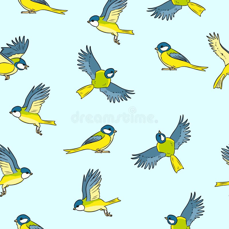 Cartoon Titmouse Spring Birds Colorful Seamless Pattern Stock Vector ...