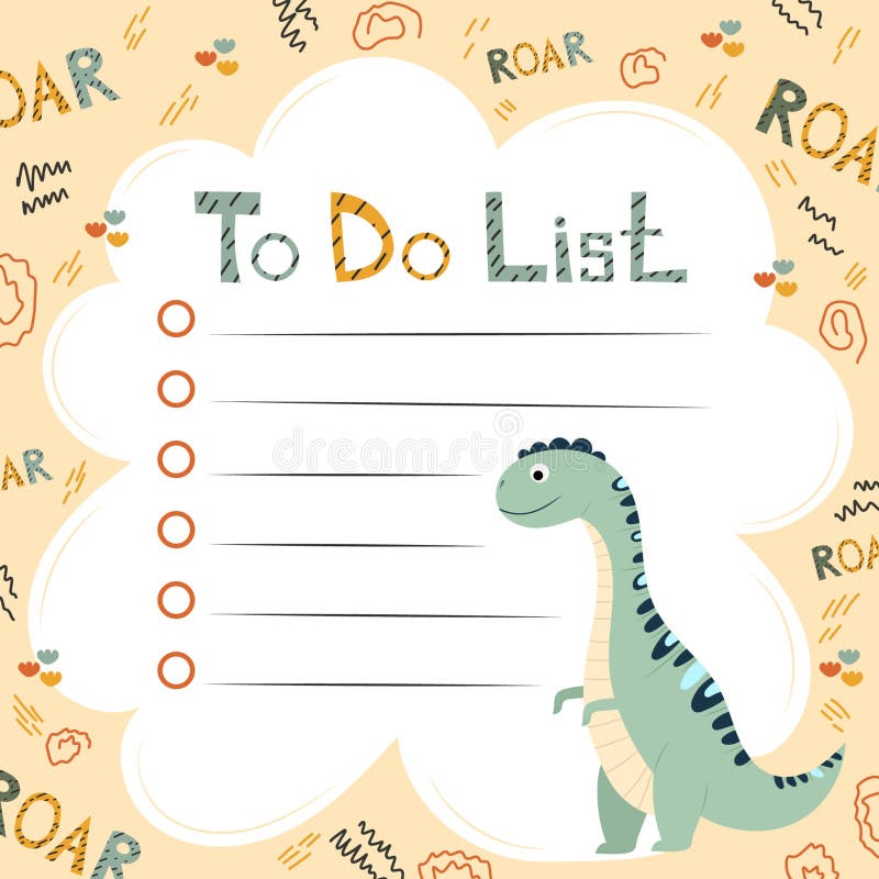 Cartoon To Do List Template with Adorable Dinosaur Illustration. Stock ...