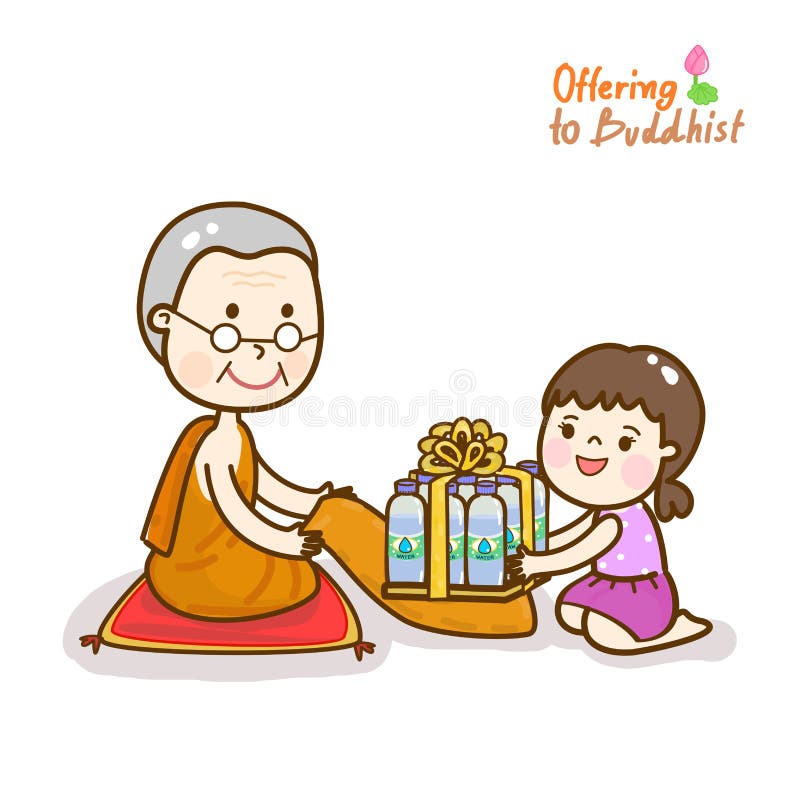 Cartoon To Make Merit To Monk. Stock Vector - Illustration of happy ...