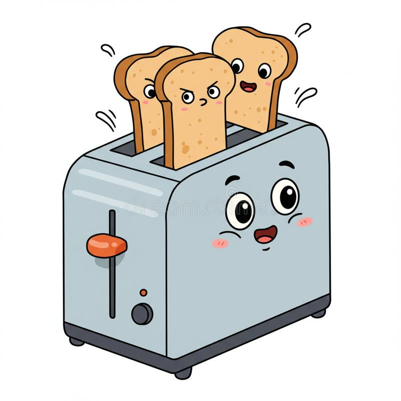 A Cartoon Toaster with a Happy Face Features Three Animated Bread ...