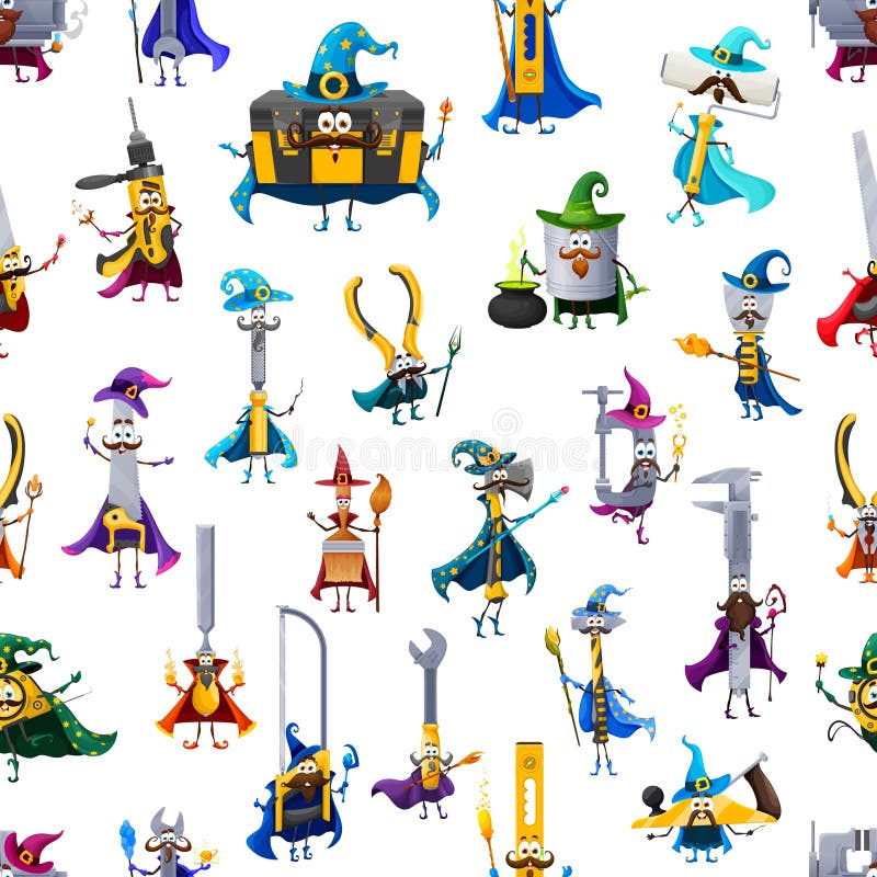 Cartoon Tools Wizard Characters Seamless Pattern Stock Vector ...