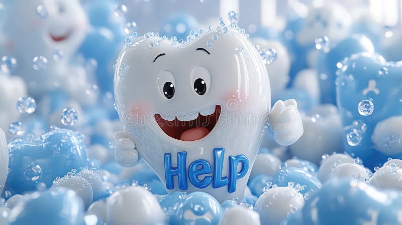 Cartoon Tooth Character Surrounded by Blue Toothpaste Bubbles Stock ...