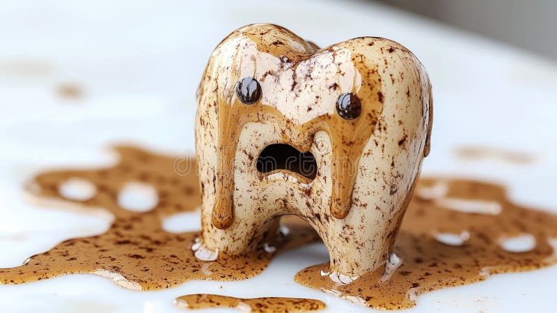 Cartoon Tooth with Chocolate Syrup Glaze Expressing Surprise Stock ...