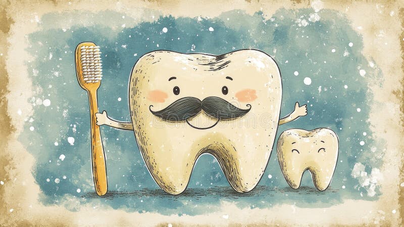 Cartoon Tooth with Mustache and Toothbrush in Vintage Style Stock Photo ...