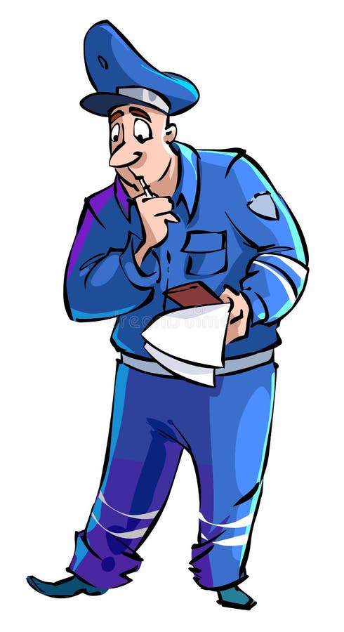 Cartoon Traffic Cop Checks Documents and Thinks about it Stock Vector ...