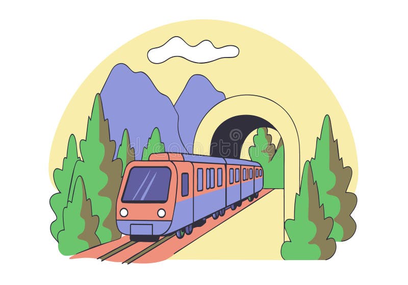 A Cartoon Train is Going through a Tunnel in the Mountains Stock ...